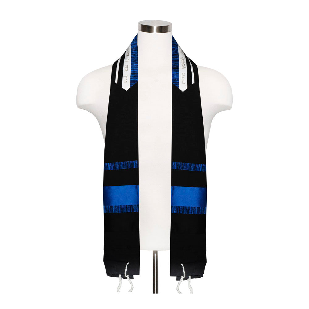 Black Tzfat (Black with Blue Jagged Stitch Satin) Tallit Set